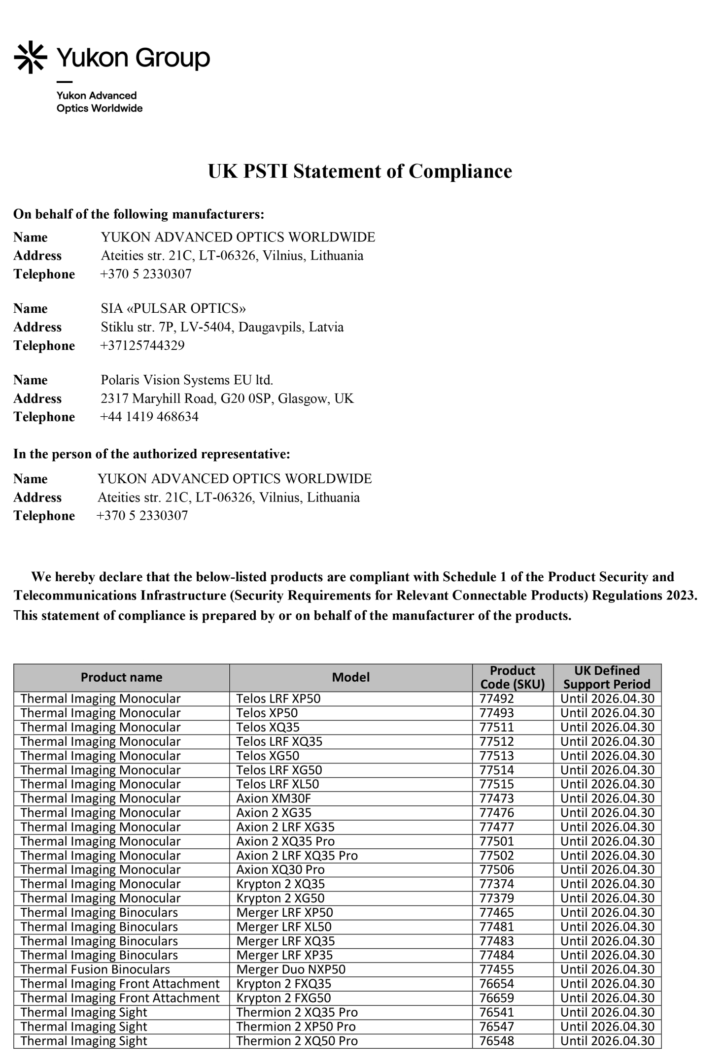 UK PSTI Statement of Compliance | Pulsar